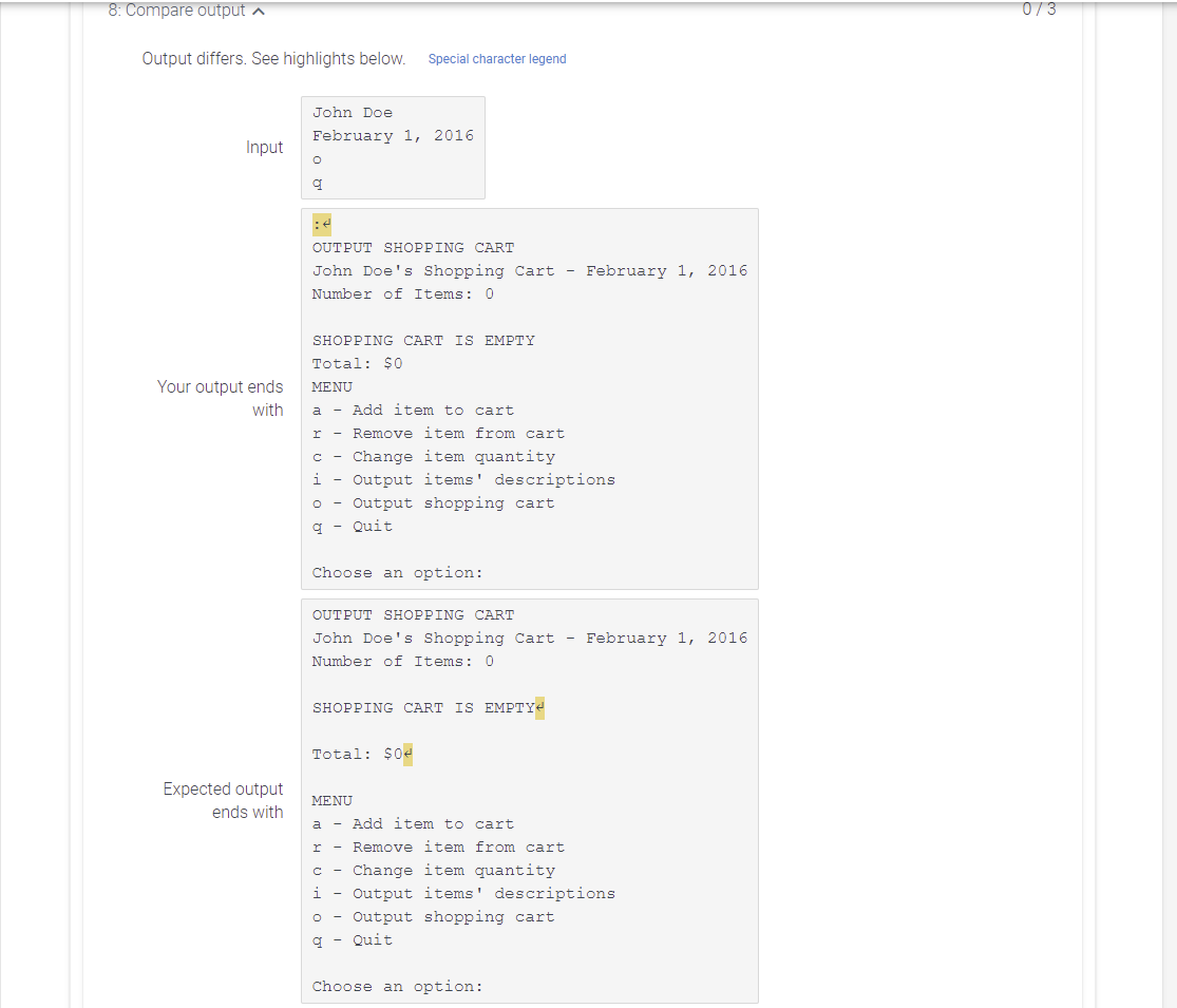 Solved 8: Compare output 073 Output differs. See highlights | Chegg.com
