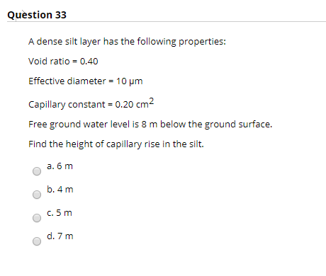 Solved Question 33 A dense silt layer has the following | Chegg.com