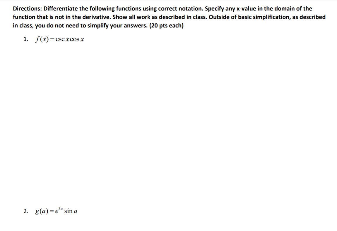Solved Directions: Differentiate the following functions | Chegg.com