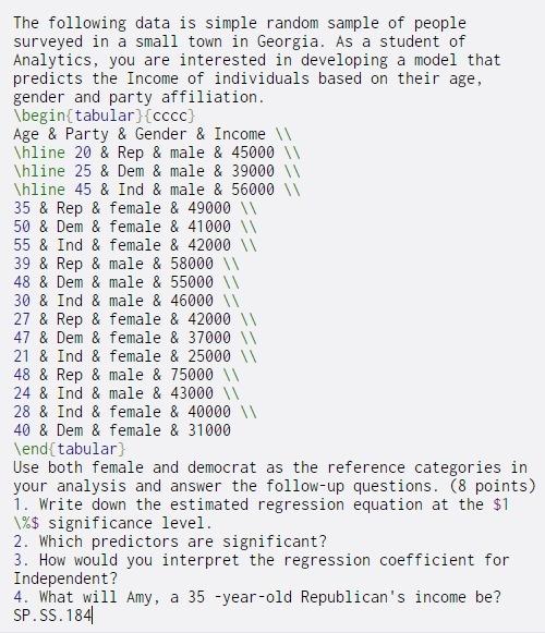 Solved The following data is simple random sample of people | Chegg.com
