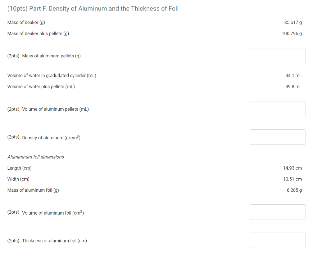 Solved Part F. Density of Aluminum and the Thickness of Foil | Chegg.com
