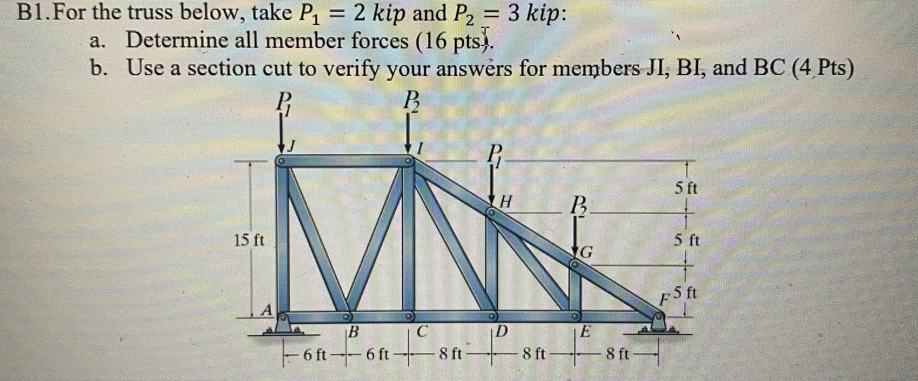 Solved B1. For the truss below, take P1=2kip and P2=3kip : | Chegg.com