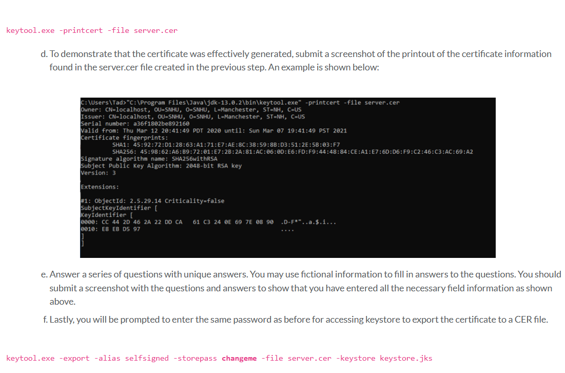 Solved 2 Certificate Generation Use The Java Keytool To