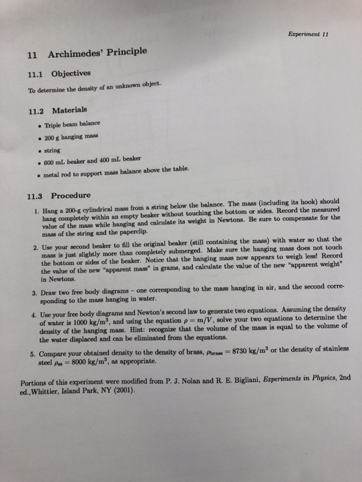 Experiment 11 11 Archimedes' Principle 11.1 | Chegg.com