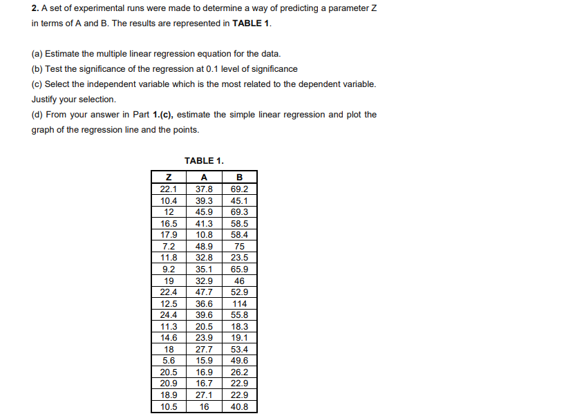 Solved 2. A set of experimental runs were made to determine | Chegg.com