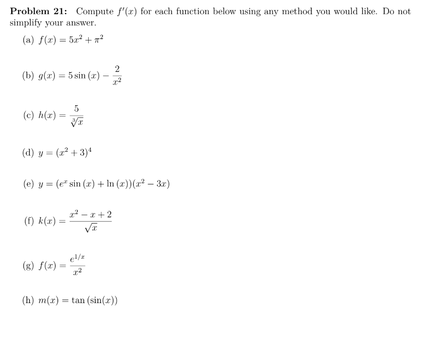 Solved Problem 21: Compute f′(x) for each function below | Chegg.com