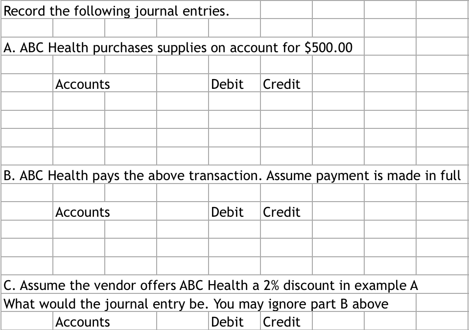 Solved Record the following journal entries. A. ABC Health | Chegg.com