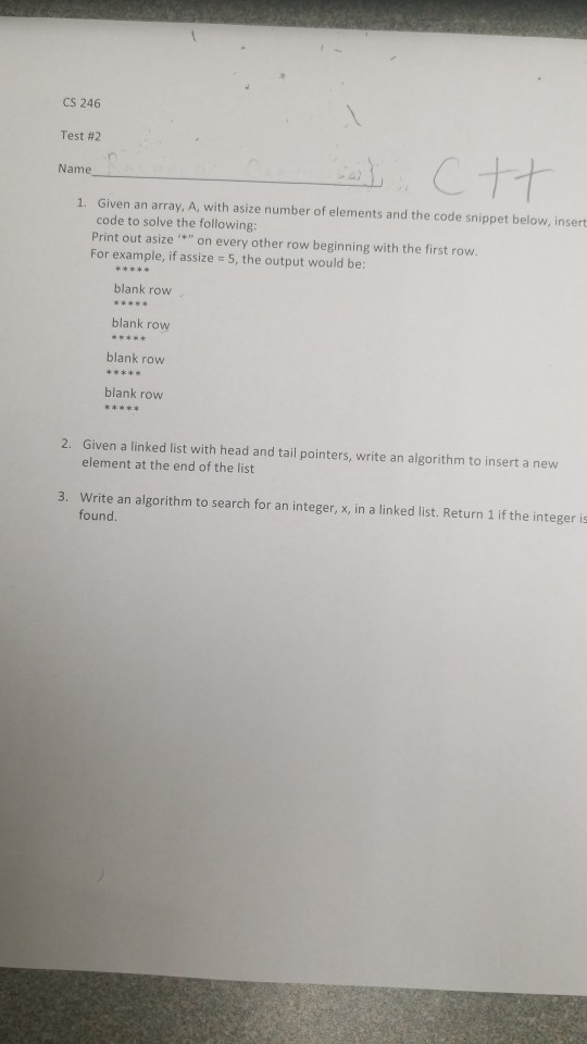 Solved CS 246 Test #2 Name 1. Ctt Given an array, A, with | Chegg.com