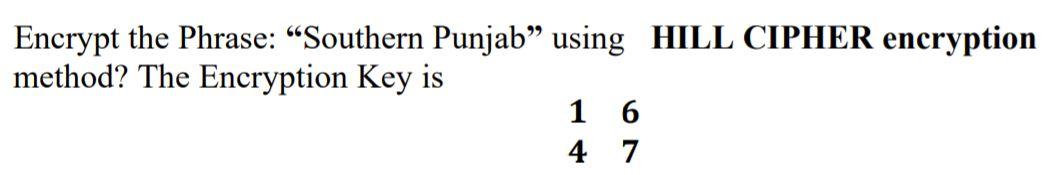 Solved Encrypt the Phrase: “Southern Punjab” using HILL | Chegg.com
