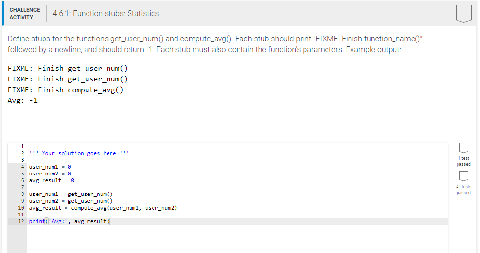 Solved CHALLENGE 4.6.1: Function stubs: Statistics Define | Chegg.com