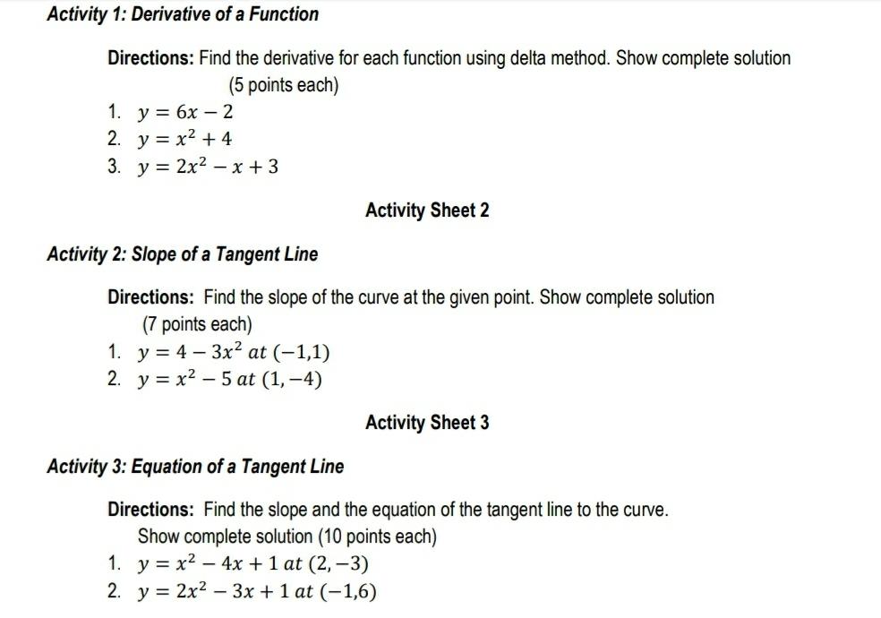 Solved Activity 1: Derivative of a Function Directions: Find | Chegg.com