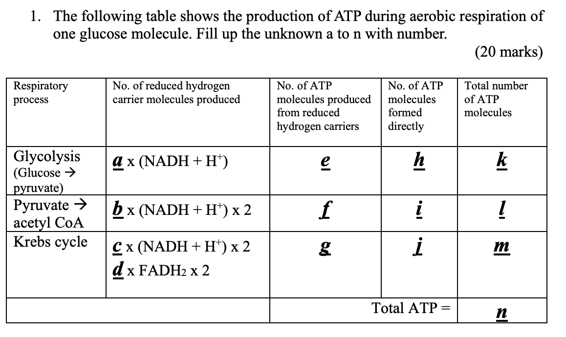 Solved 1. The following table shows the production of ATP | Chegg.com