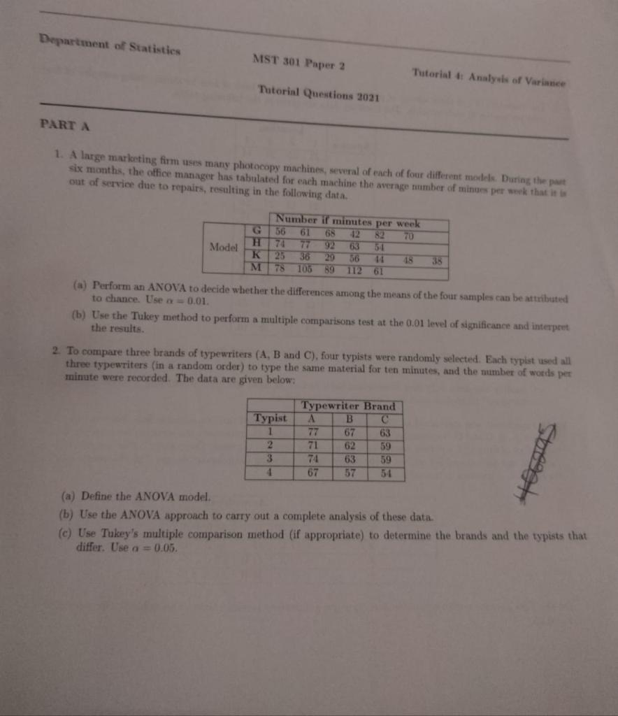 Solved Department of Statistics MST 301 Paper 2 Tutorial : | Chegg.com