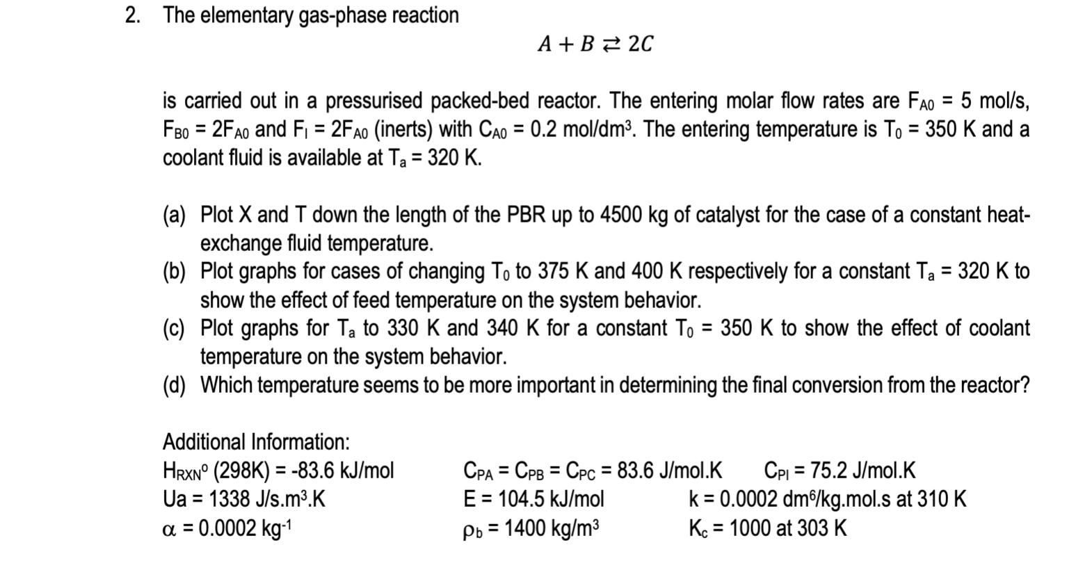 Solved 2. The elementary gas-phase reaction A+B⇄2C is | Chegg.com