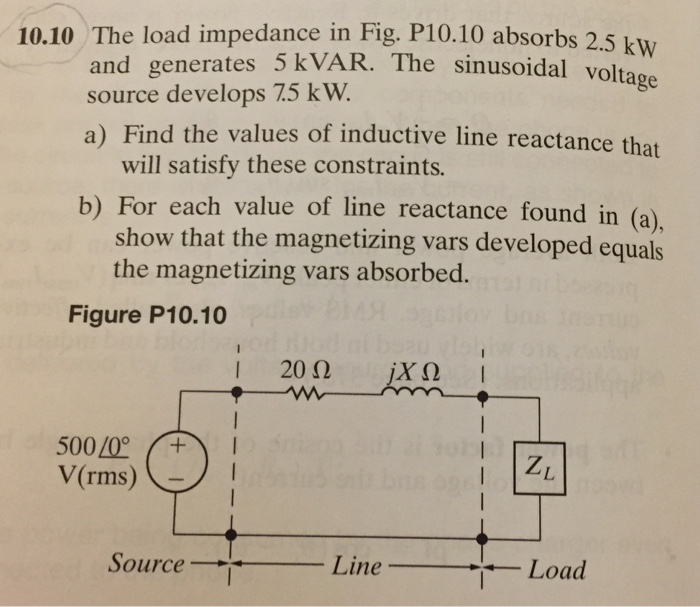 Solved 10.10 The load impedance in Fig. P10.10 absorbs 2.5 | Chegg.com