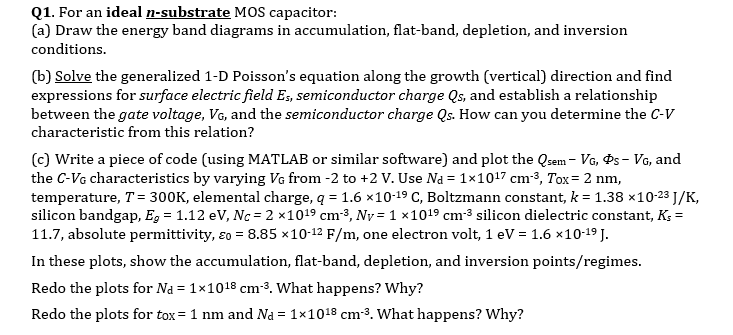 Solved Q1. For an ideal n-substrate MOS capacitor: (a) Draw | Chegg.com