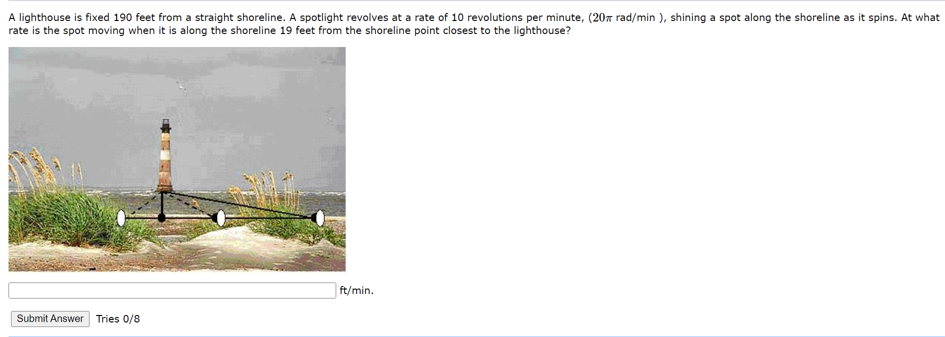Solved A lighthouse is fixed 190 feet from a straight | Chegg.com