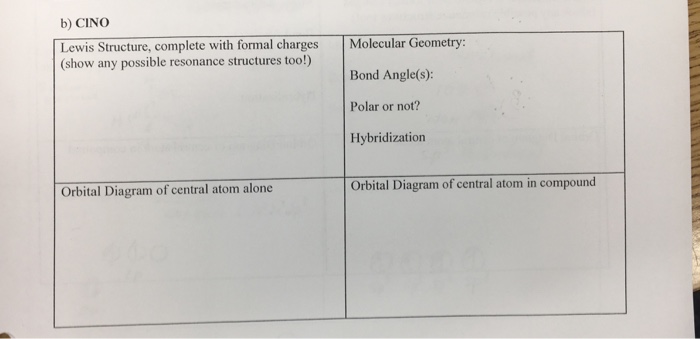 Solved b) CINO Lewis Structure, complete with formal | Chegg.com