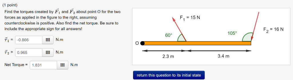 Solved 1 point) Find the torques created by F1 and F2 about | Chegg.com