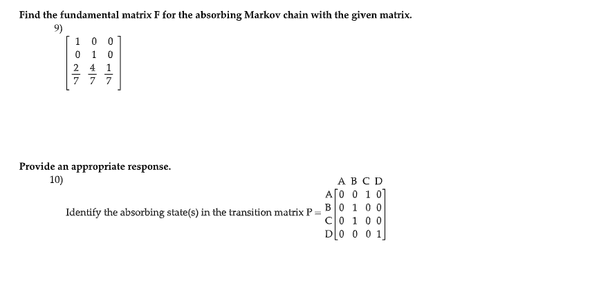 Solved Find the fundamental matrix F for the absorbing | Chegg.com
