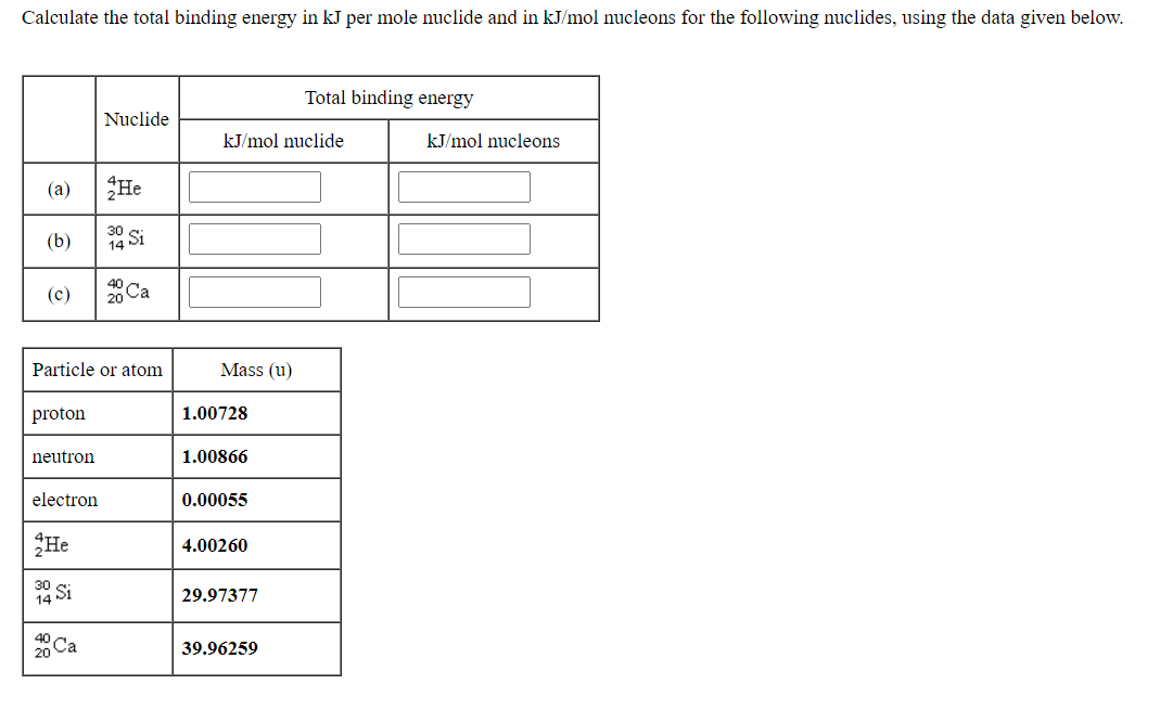 Solved Calculate the total binding energy in kJ per mole | Chegg.com