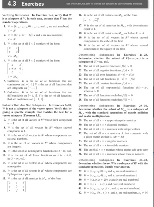 Solved 4.3 Exercises Verifying Subspaces In Esercises 1-6, | Chegg.com