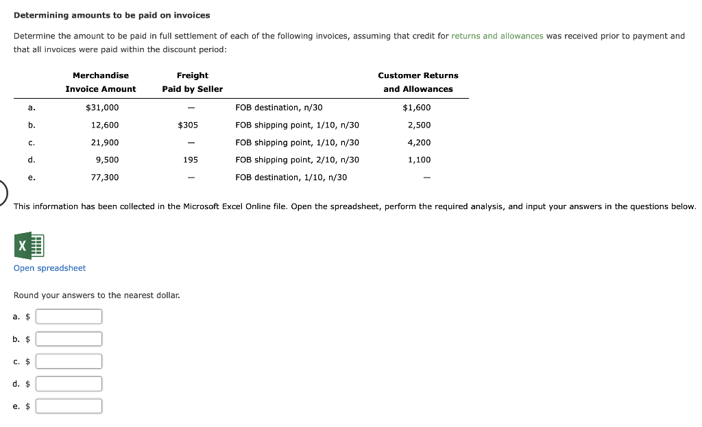 Solved Determining Amounts To Be Paid On Invoices Determine Chegg