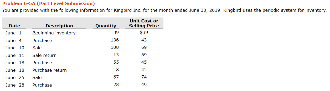 Solved Problem 6-5A (Part Level Submission) You are provided | Chegg.com