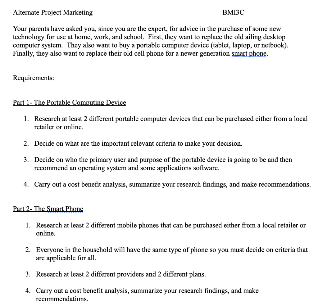 Solved Alternate Project Marketing BMI3C Your parents have | Chegg.com