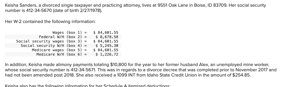 Keisha Sanders, a divorced single taxpayer and | Chegg.com