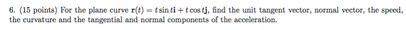 Solved 6. (15 points) For the plane curve r(t) = t sin ti + | Chegg.com