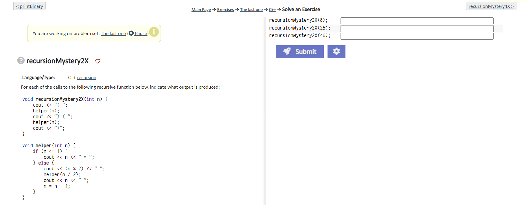 Solved Main Page → Exercises → The last one → C++ → Solve | Chegg.com