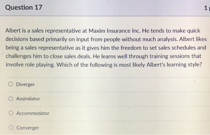 Solved Question 17 Albert is a sales representative at Maxim | Chegg.com