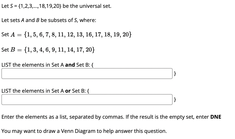 Solved Let S={1,2,3,…,18,19,20} be the universal set. Let | Chegg.com