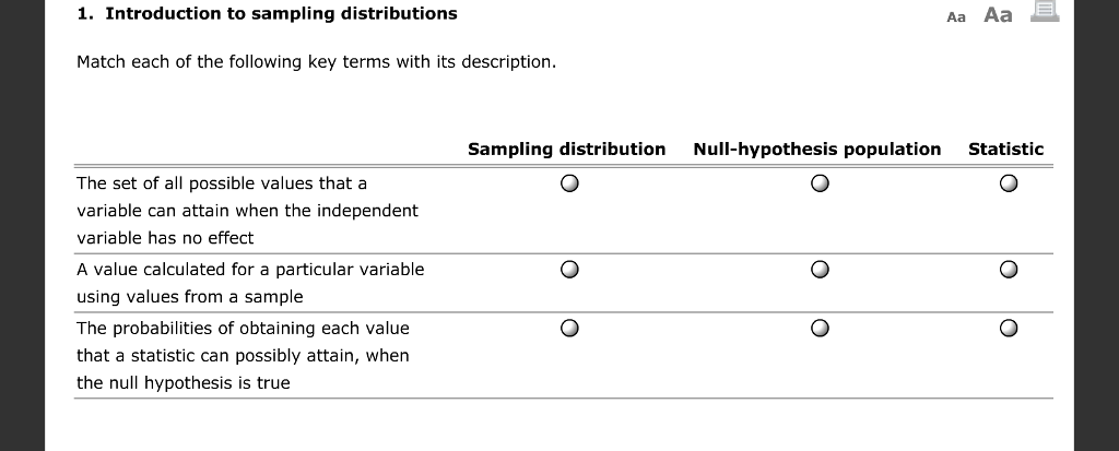 Solved 1. Introduction to sampling distributions Match each | Chegg.com