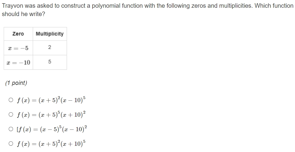 Solved Trayvon was asked to ﻿construct a polynomial function | Chegg.com