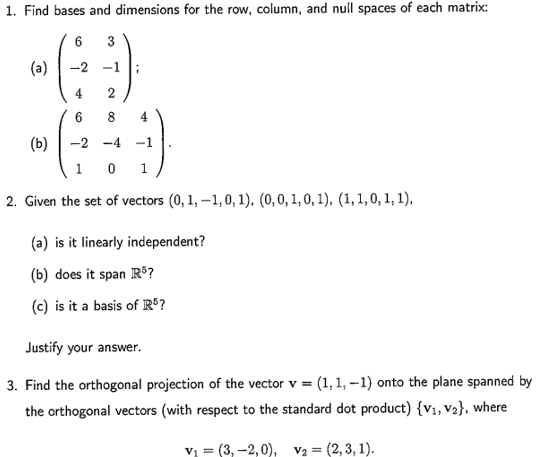 Solved 1. Find bases and dimensions for the row, column, and | Chegg.com