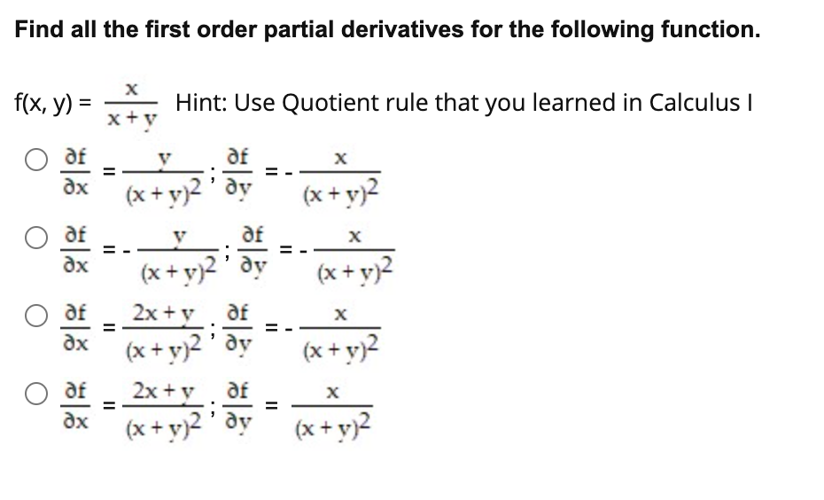 Solved Find all the first order partial derivatives for the | Chegg.com