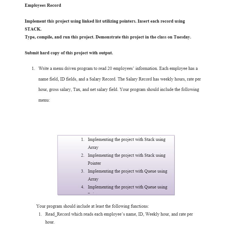 Solved Employees Record Implement this project using linked | Chegg.com