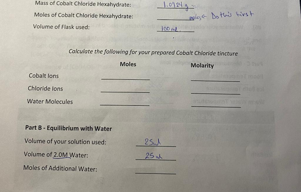 Solved Mass of Cobalt Chloride Hexahydrate: Moles of Cobalt | Chegg.com