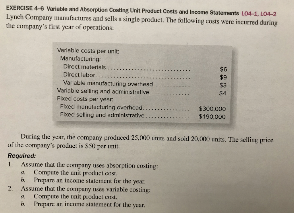 Solved EXERCISE 4-6 Variable and Absorption Costing Unit | Chegg.com