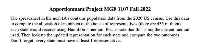 Apportionment Project MGF 1107 Fall 2022 The | Chegg.com