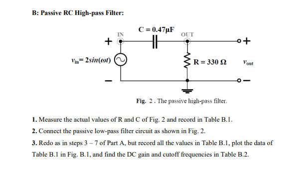Solved B: Passive RC High-pass Filter: Fig. 2 The passive | Chegg.com