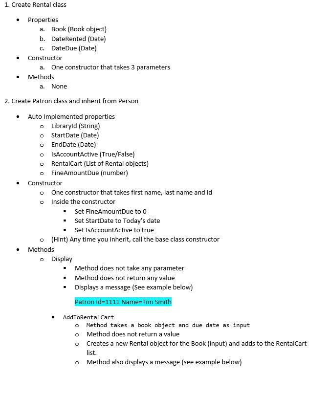 Solved 1. Create Rental class c. Properties a. Book (Book | Chegg.com
