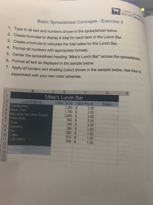 Solved Basic Spreadsheet Concepts- Exercise 2 1. Type in all | Chegg.com