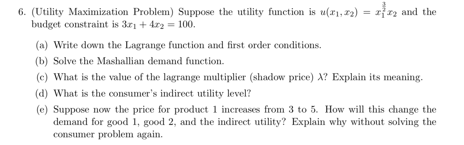 Solved 6 Utility Maximization Problem Suppose The Utility