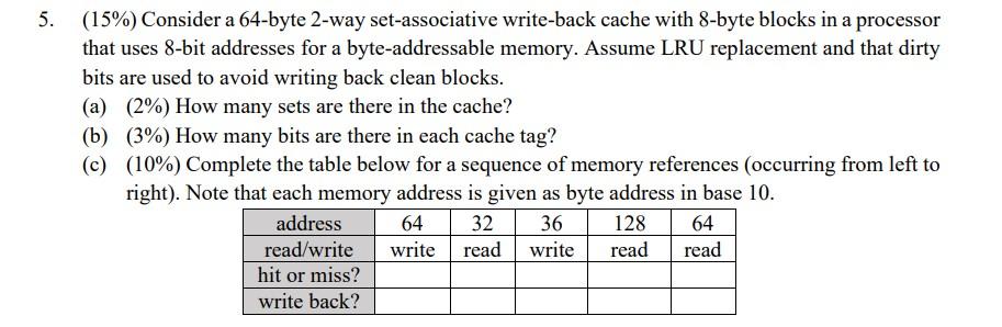 Solved 5. (15%) Consider a 64-byte 2-way set-associative | Chegg.com