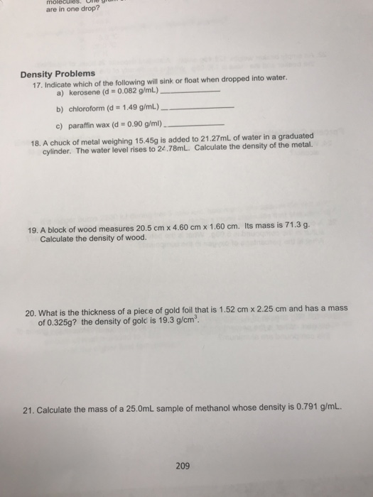 Solved are in one drop? Density Problems 17. Indicate which | Chegg.com