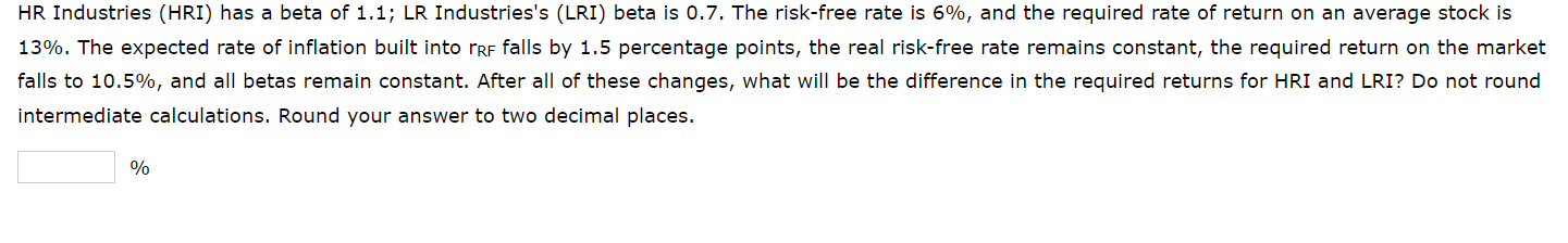 Solved HR Industries (HRI) has a beta of 1.1; LR | Chegg.com