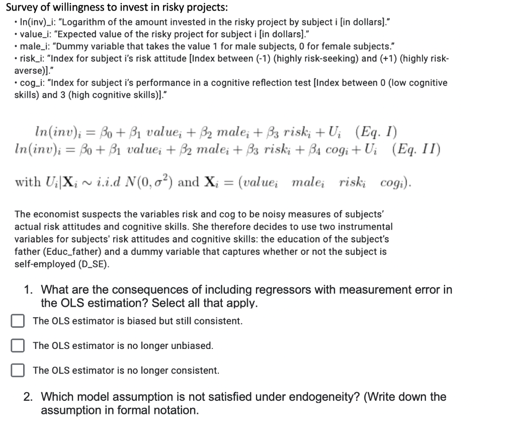 Solved Survey of willingness to invest in risky projects: • | Chegg.com